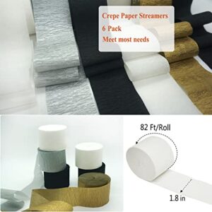 White Black Gold Silver Crepe Paper Streamers 6 Rolls for Party Streamers Decorations Birthday Wedding Baby Bridal Shower Backdrop Craft Supplies (1.8 Inch x 82 Ft/Roll，492ft )