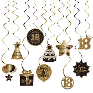 happy 18th birthday party hanging swirls streams ceiling decorations, celebration 18 foil hanging swirls with cutouts for 18 years old black and gold birthday party decorations supplies