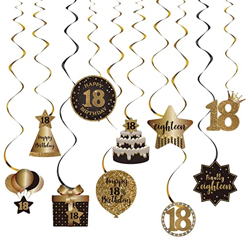 Happy 18th Birthday Party Hanging Swirls Streams Ceiling Decorations, Celebration 18 Foil Hanging Swirls with Cutouts for 18 Years Old Black and Gold Birthday Party Decorations Supplies