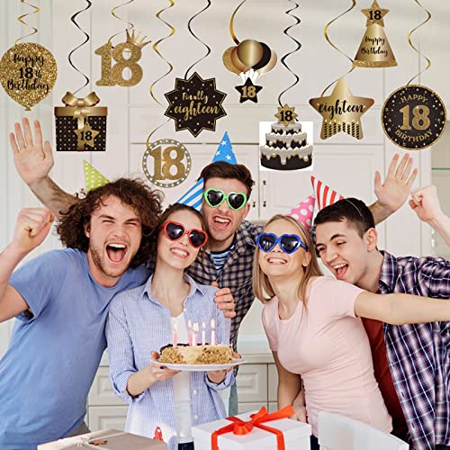 Happy 18th Birthday Party Hanging Swirls Streams Ceiling Decorations, Celebration 18 Foil Hanging Swirls with Cutouts for 18 Years Old Black and Gold Birthday Party Decorations Supplies