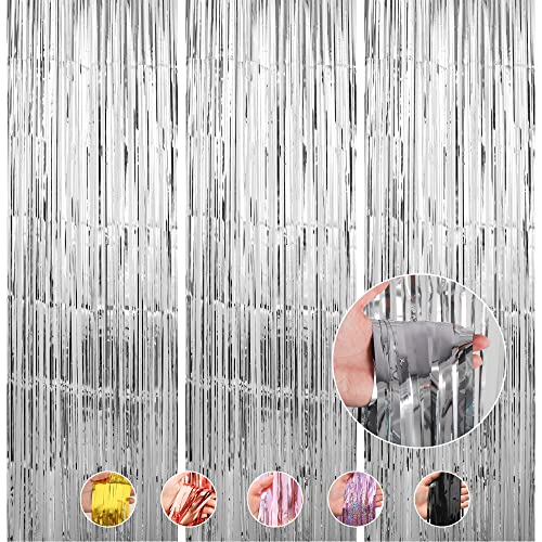 Crosize 3 Pack 3.3 x 9.9 ft Silver Foil Fringe Backdrop Curtain, Streamer Backdrop Curtains, Streamers Birthday Party Decorations, Tinsel Curtain for Parties, Photo Booth Backdrops, Party Decor