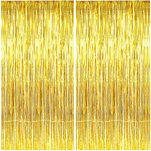 BEISHIDA 2 Pack Foil Fringe Curtain,Gold Tinsel Metallic Curtains Photo Backdrop Streamer for Party Door Wall Curtain Wedding Birthday Bachelorette New Year Decorations(3.28 ft x 6.56 ft)