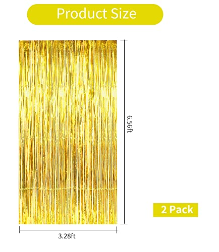 BEISHIDA 2 Pack Foil Fringe Curtain,Gold Tinsel Metallic Curtains Photo Backdrop Streamer for Party Door Wall Curtain Wedding Birthday Bachelorette New Year Decorations(3.28 ft x 6.56 ft)