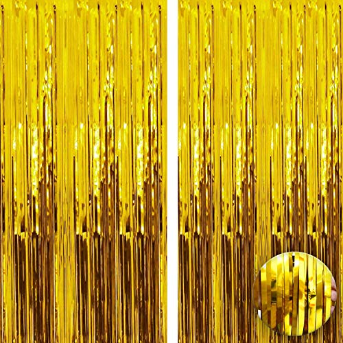 KatchOn, XtraLarge Gold Fringe Curtain Backdrop - 6.4x8 Feet, Pack of 2 | Gold Foil Curtain, Gold Streamers Party Decorations | Gold Foil Fringe Curtain | Gold Tinsel Backdrop, Graduation Decorations