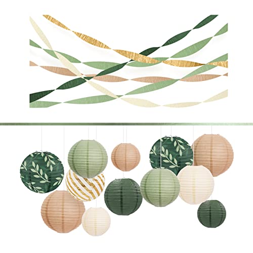 AOBKIAT Wedding Party Decorations, 12PCS Green Brown Hanging Paper Lanterns, 5 Rolls Olive Green Crepe Paper Streamers for Wedding, Bridal Showers, Baby Shower, Birthday