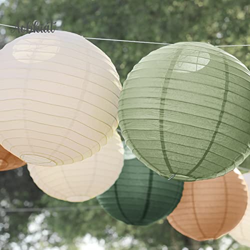 AOBKIAT Wedding Party Decorations, 12PCS Green Brown Hanging Paper Lanterns, 5 Rolls Olive Green Crepe Paper Streamers for Wedding, Bridal Showers, Baby Shower, Birthday