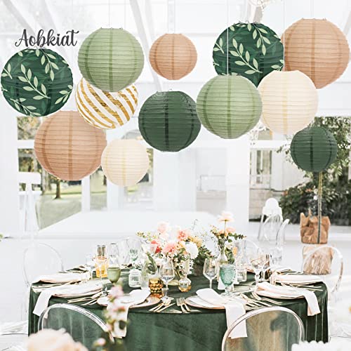 AOBKIAT Wedding Party Decorations, 12PCS Green Brown Hanging Paper Lanterns, 5 Rolls Olive Green Crepe Paper Streamers for Wedding, Bridal Showers, Baby Shower, Birthday