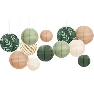 AOBKIAT Wedding Party Decorations, 12PCS Green Brown Hanging Paper Lanterns, 5 Rolls Olive Green Crepe Paper Streamers for Wedding, Bridal Showers, Baby Shower, Birthday