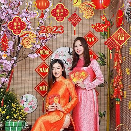 Cieovo 30Ct Chinese New Year 2023 Hanging Swirls Decorations Chinese Red Lanterns,Chinese Knot Hanging Swirl Year of The Rabbit Festival Ceiling Decorations for Party Home Office Bedroom Decorations