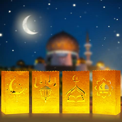 48 Pcs Eid White Luminary Bags Ramadan Mubarak Decoration Flame Resistant Bags Islamic Star Moon Reusable Luminary Paper Bags for Home Eid Party Wedding Birthday Decorations (Lights Not Included)