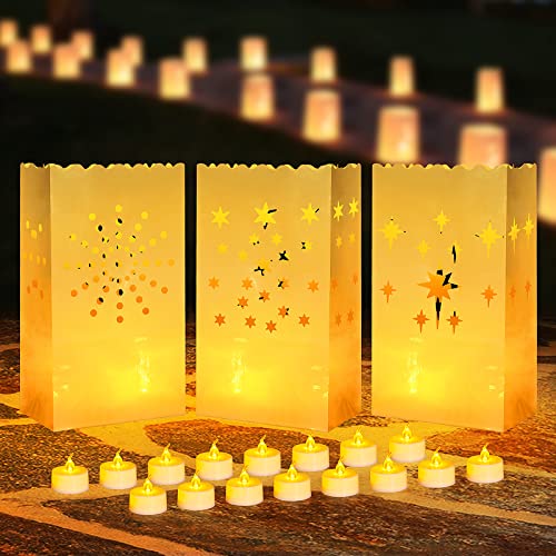 AceList 30 PCS White Luminary Bags with 30 PCS Flameless Candles, Paper Bags with Tea Lights Candles, LED Light Flameless TeaLight for Christmas Thanksgiving Birthday Decorations Outdoor