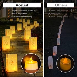 AceList 30 PCS White Luminary Bags with 30 PCS Flameless Candles, Paper Bags with Tea Lights Candles, LED Light Flameless TeaLight for Christmas Thanksgiving Birthday Decorations Outdoor