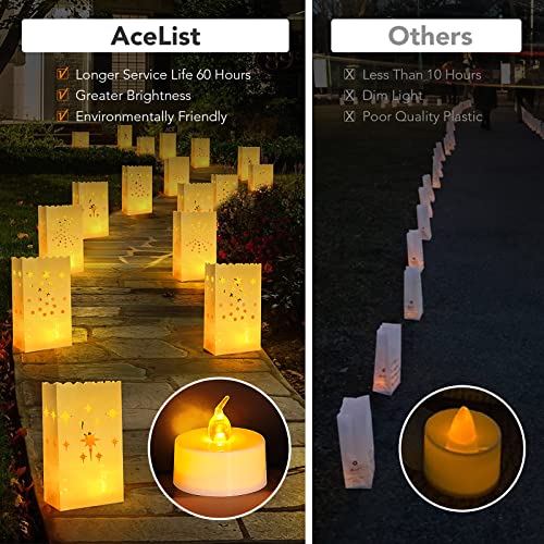 AceList 30 PCS White Luminary Bags with 30 PCS Flameless Candles, Paper Bags with Tea Lights Candles, LED Light Flameless TeaLight for Christmas Thanksgiving Birthday Decorations Outdoor