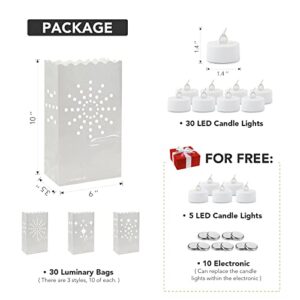 AceList 30 PCS White Luminary Bags with 30 PCS Flameless Candles, Paper Bags with Tea Lights Candles, LED Light Flameless TeaLight for Christmas Thanksgiving Birthday Decorations Outdoor