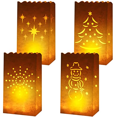 Aneco 40 Pieces Paper Luminary Bags White Candle Bags Flame Resistant Lantern Bags Tealight Luminaries 4 Designs with Tree, Stars, Sunburst, Snowman for Christmas, Party Decoration