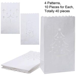 Aneco 40 Pieces Paper Luminary Bags White Candle Bags Flame Resistant Lantern Bags Tealight Luminaries 4 Designs with Tree, Stars, Sunburst, Snowman for Christmas, Party Decoration