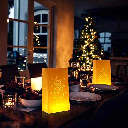 URATOT 36 Pieces Luminary Bags Kit, 24 LED Tea Lights with 12 Luminaries Bags Flameless Candles Flame Resistant Paper Lantern Bags with Tree, Snowman Designs for Christmas, Party, Outdoor Decoration