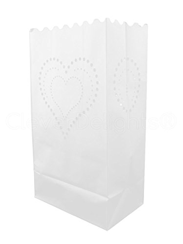 CleverDelights White Luminary Bags - 30 Count - Heart of Hearts Design - Wedding Party Christmas Holiday Luminaria