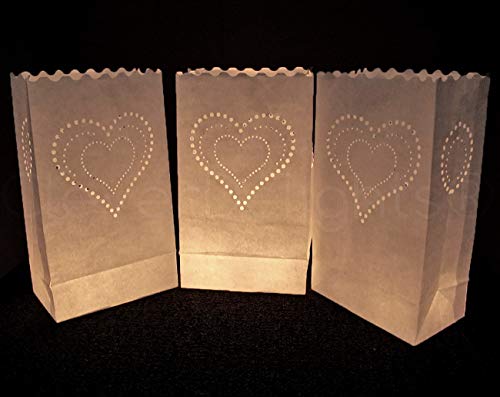 CleverDelights White Luminary Bags - 30 Count - Heart of Hearts Design - Wedding Party Christmas Holiday Luminaria