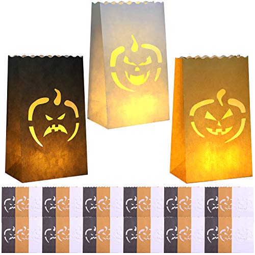 URATOT 36 Pieces Halloween Luminary Bags Jack-o'-Lantern Bags Pumpkin Silhouette Paper Bags Flame Resistant Lantern Bags Luminary Candle Bags 3 Designs for Halloween, Party, Home