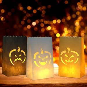 URATOT 36 Pieces Halloween Luminary Bags Jack-o'-Lantern Bags Pumpkin Silhouette Paper Bags Flame Resistant Lantern Bags Luminary Candle Bags 3 Designs for Halloween, Party, Home