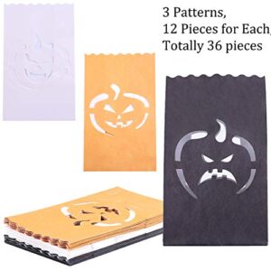 URATOT 36 Pieces Halloween Luminary Bags Jack-o'-Lantern Bags Pumpkin Silhouette Paper Bags Flame Resistant Lantern Bags Luminary Candle Bags 3 Designs for Halloween, Party, Home