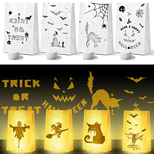 Halloween Lantern Luminary Paper Bags 4 Different Style 16 Pieces Paper Candle Bags with LED Tea Lights,Halloween Party Decor