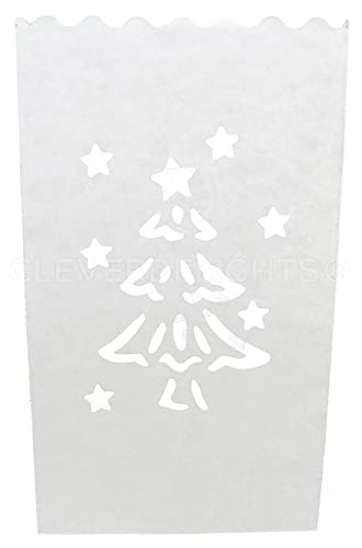 CleverDelights White Luminary Bags - 30 Count - Christmas Tree Design - Wedding Party Christmas Holiday Luminaria