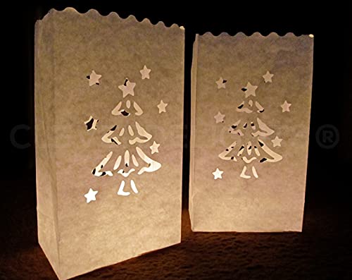 CleverDelights White Luminary Bags - 30 Count - Christmas Tree Design - Wedding Party Christmas Holiday Luminaria