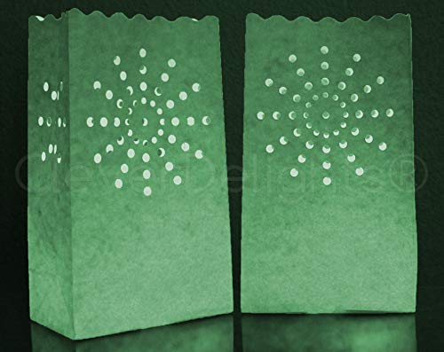 CleverDelights Green Luminary Bags - 20 Count - Sunburst Design - Wedding Party Christmas Holiday Luminaria