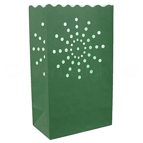 CleverDelights Green Luminary Bags - 20 Count - Sunburst Design - Wedding Party Christmas Holiday Luminaria