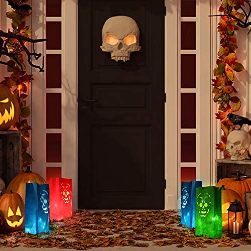 Zonon 30 Pieces Halloween Paper Treat Bags Skull Kraft Paper Candle Bags Halloween Lantern Luminous Bags for Halloween Day of The Dead Christmas Party, Use with Electric LED, Tea Lights and Candles