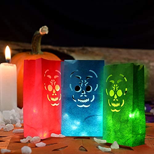 Zonon 30 Pieces Halloween Paper Treat Bags Skull Kraft Paper Candle Bags Halloween Lantern Luminous Bags for Halloween Day of The Dead Christmas Party, Use with Electric LED, Tea Lights and Candles