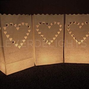 CleverDelights White Luminary Bags - 10 Count - Big Heart Design - Wedding Party Christmas Holiday Luminaria