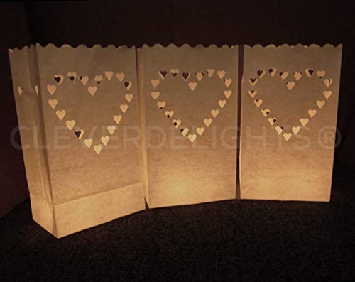 CleverDelights White Luminary Bags - 10 Count - Big Heart Design - Wedding Party Christmas Holiday Luminaria