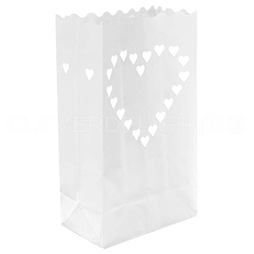 CleverDelights White Luminary Bags - 10 Count - Big Heart Design - Wedding Party Christmas Holiday Luminaria