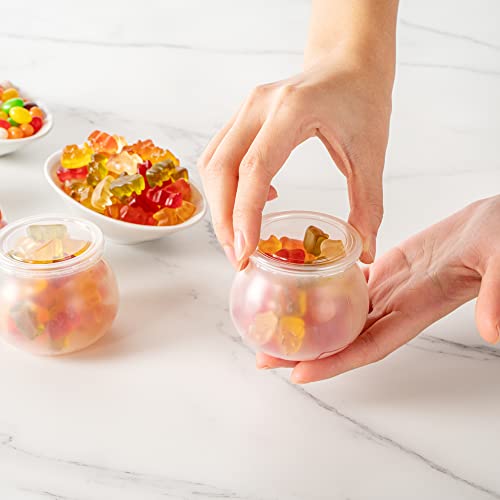 4 oz Clear Plastic Bulbous Candy Jar with Lid - with Lid - 2 1/2" x 2 1/2" x 2 1/2" - 100 count box - Restaurantware