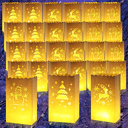 54 Pieces Christmas Luminaries Bags Flame Resistant Candle Bags Christmas Tree Design Luminary Lantern Bags Different Designs for Christmas Halloween Thanksgiving Outdoor Party (Snowman Elk Tree)