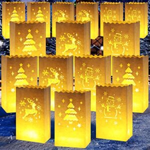 54 Pieces Christmas Luminaries Bags Flame Resistant Candle Bags Christmas Tree Design Luminary Lantern Bags Different Designs for Christmas Halloween Thanksgiving Outdoor Party (Snowman Elk Tree)