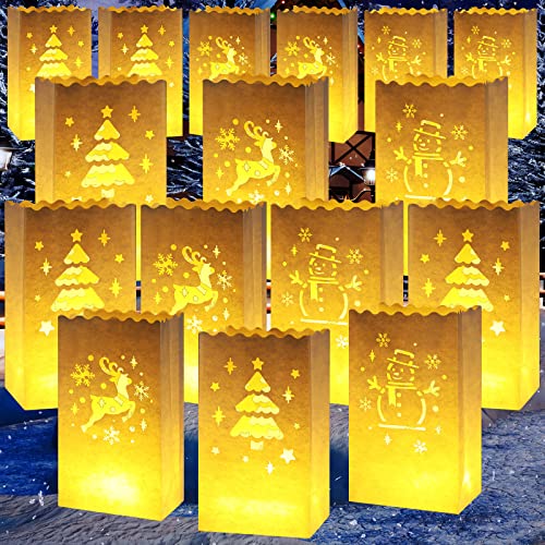 54 Pieces Christmas Luminaries Bags Flame Resistant Candle Bags Christmas Tree Design Luminary Lantern Bags Different Designs for Christmas Halloween Thanksgiving Outdoor Party (Snowman Elk Tree)