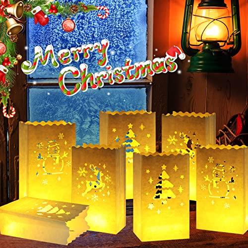 54 Pieces Christmas Luminaries Bags Flame Resistant Candle Bags Christmas Tree Design Luminary Lantern Bags Different Designs for Christmas Halloween Thanksgiving Outdoor Party (Snowman Elk Tree)