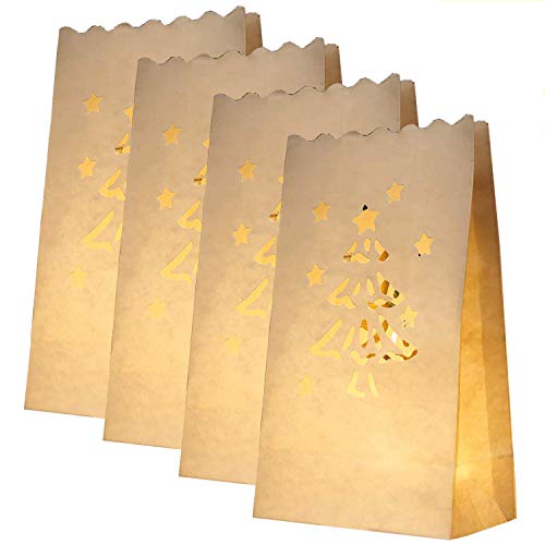 Onene 10 Pcs White Luminary Bags, Candle Bag with Christmas Tree Design, Durable and Reusable Fire-Retardant Cotton Material Paper Lantern Bags for Christmas Holiday Outdoor, New Year Occasion