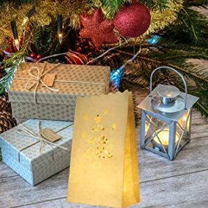 Onene 10 Pcs White Luminary Bags, Candle Bag with Christmas Tree Design, Durable and Reusable Fire-Retardant Cotton Material Paper Lantern Bags for Christmas Holiday Outdoor, New Year Occasion