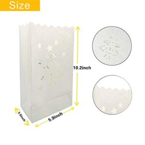 Onene 10 Pcs White Luminary Bags, Candle Bag with Christmas Tree Design, Durable and Reusable Fire-Retardant Cotton Material Paper Lantern Bags for Christmas Holiday Outdoor, New Year Occasion