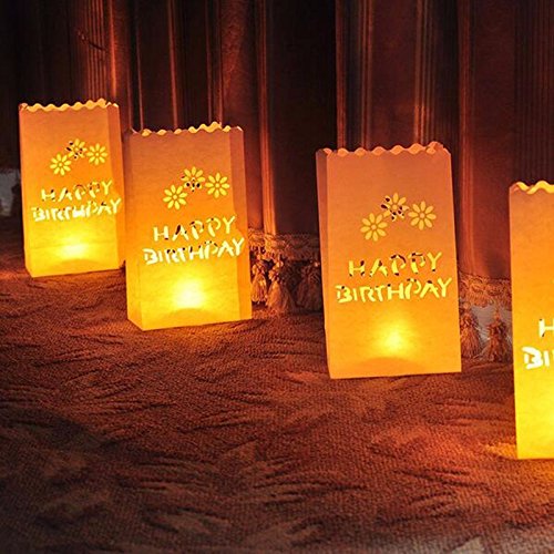 Fascola 20 Pack HAPPY BIRTHDAY Paper Luminary Bag Tea Light Votive Candle Holder Bag 1st Birthday Beach Party Decoration Centerpieces