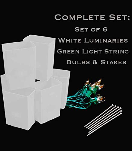 Set of 6 White Luminaries, Light String, Bulbs & Stakes