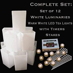 Set of 12 White Luminaries, Warm White LED Tea Lights with Timers & Stakes