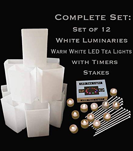 Set of 12 White Luminaries, Warm White LED Tea Lights with Timers & Stakes