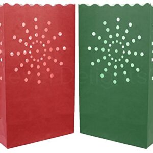 CleverDelights Red and Green Luminary Bags - 10 Count - Sunburst Design - Wedding Party Christmas Holiday Luminaria