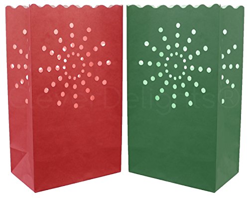 CleverDelights Red and Green Luminary Bags - 10 Count - Sunburst Design - Wedding Party Christmas Holiday Luminaria